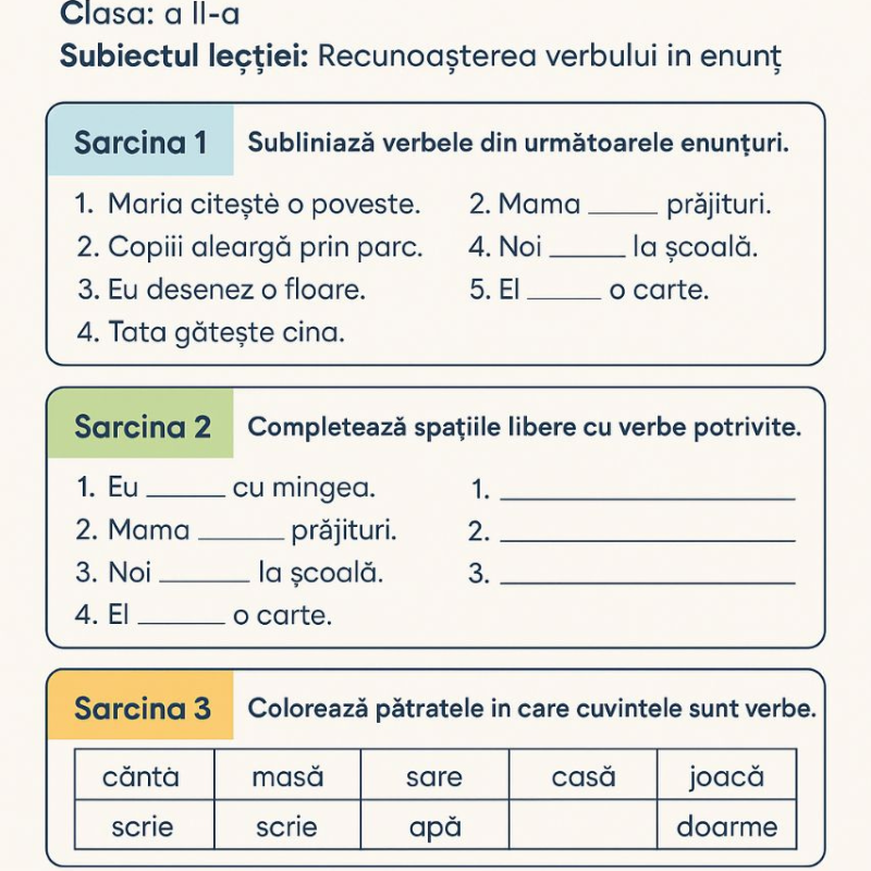 Fișă de lucru Verbul în enunț Clasa 2 [fișiere .PDF + .DOCX]