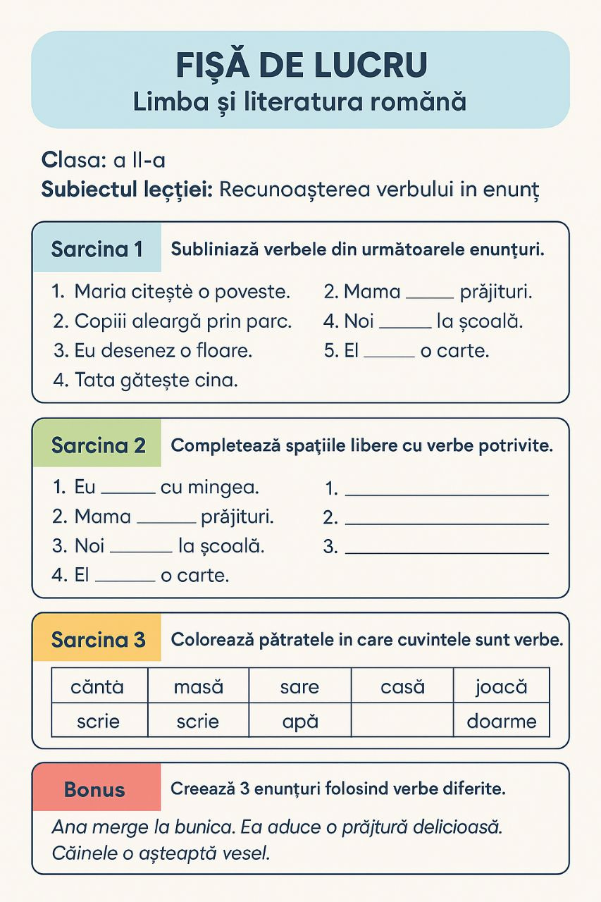 Fișă de lucru Verbul în enunț Clasa 2 [fișiere .PDF + .DOCX]