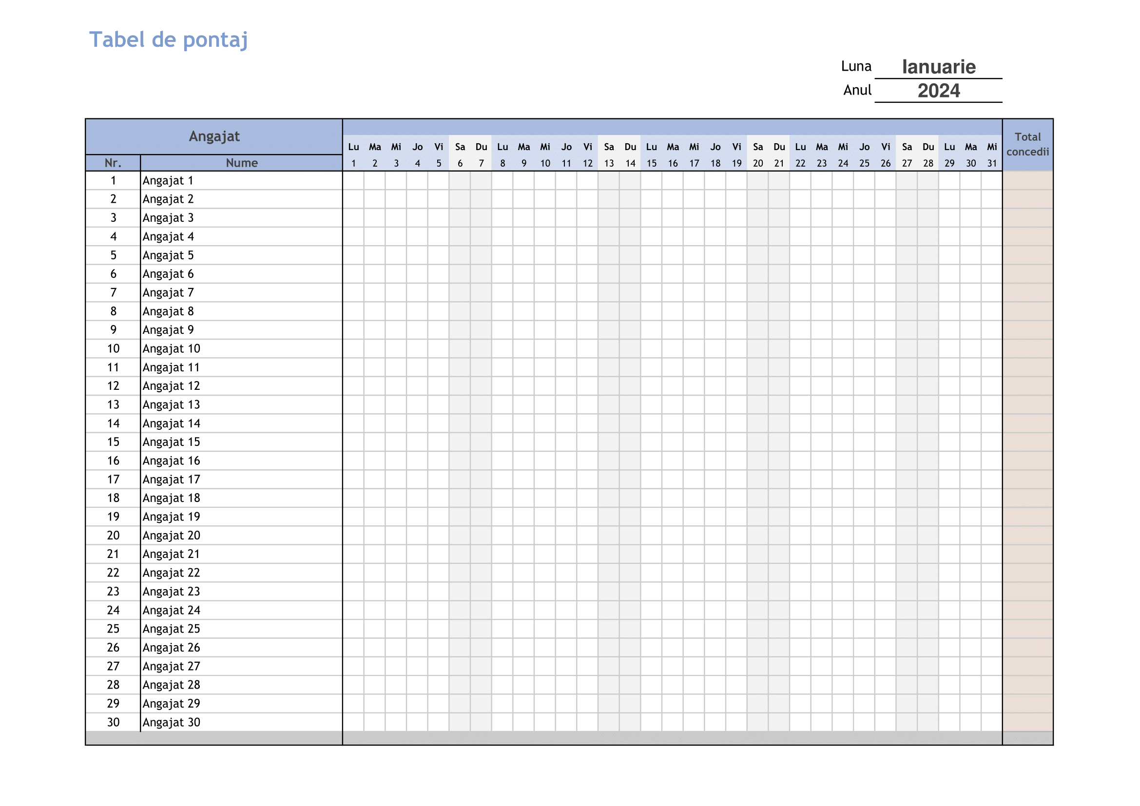 Excel automatizat - Evidența concediilor și Tabel de pontaj [fișier .XLSX]
