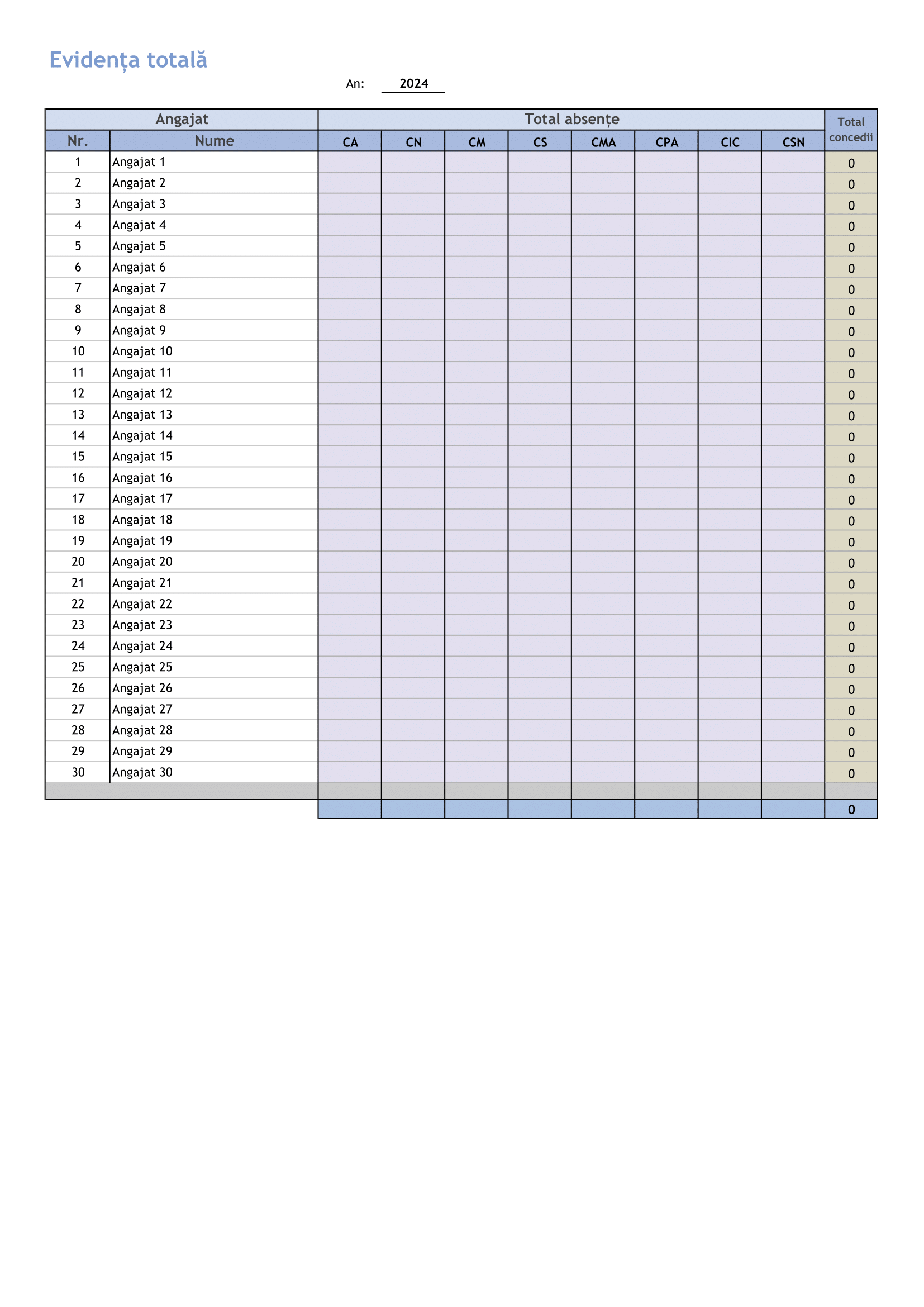 Excel automatizat - Evidența concediilor și Tabel de pontaj [fișier .XLSX]