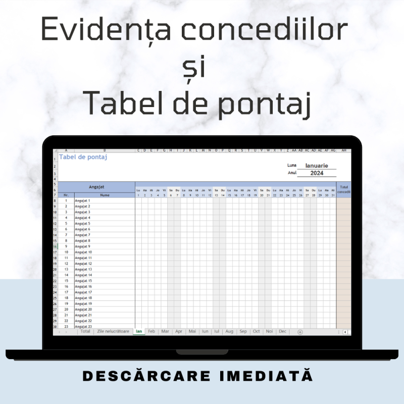Excel automatizat - Evidența concediilor și Tabel de pontaj [fișier .XLSX]